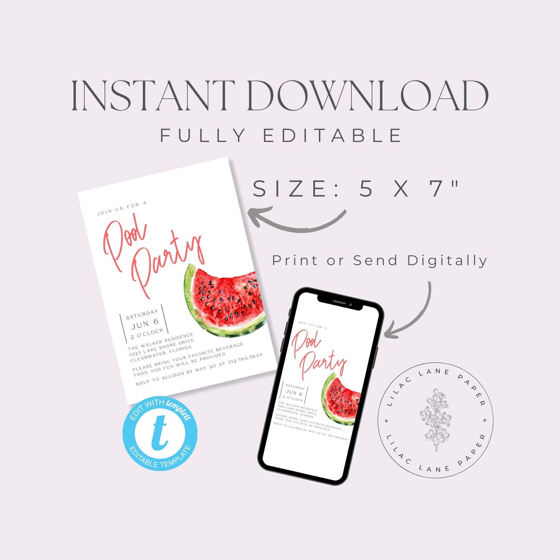 Watermelon Pool Party Invitation Template, Swim Party Invite Editable ...