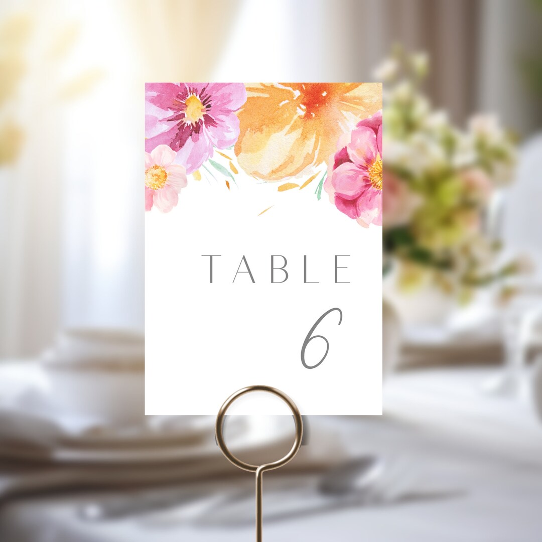 Pink Floral Bridal Shower Table Number Template, Table Number Sign ...
