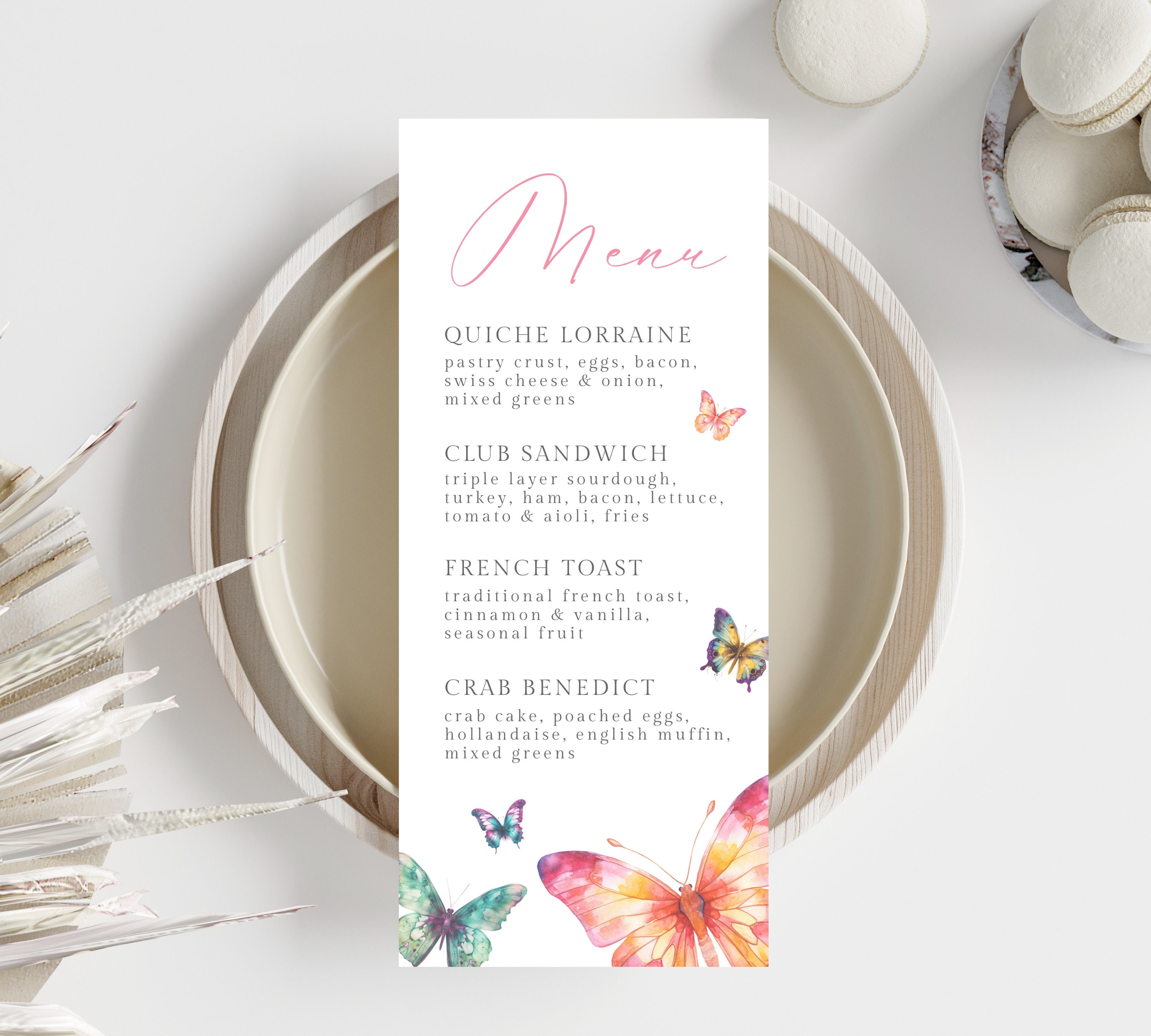 Butterflies Menu Card Template, Brunch Menu Printable Editable, Bridal ...