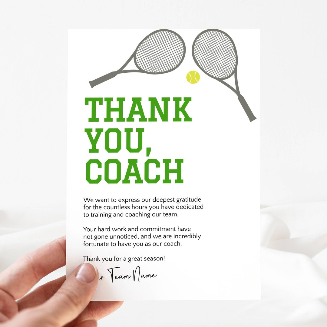 Tennis Coach Thank You Card Template, Editable Thank You Coach, Coach ...