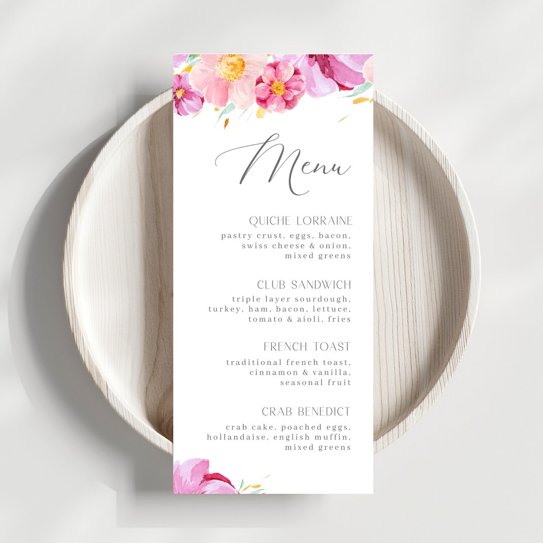 Menu Card Template, Bridal Shower Menu Floral, Brunch Menu Printable ...