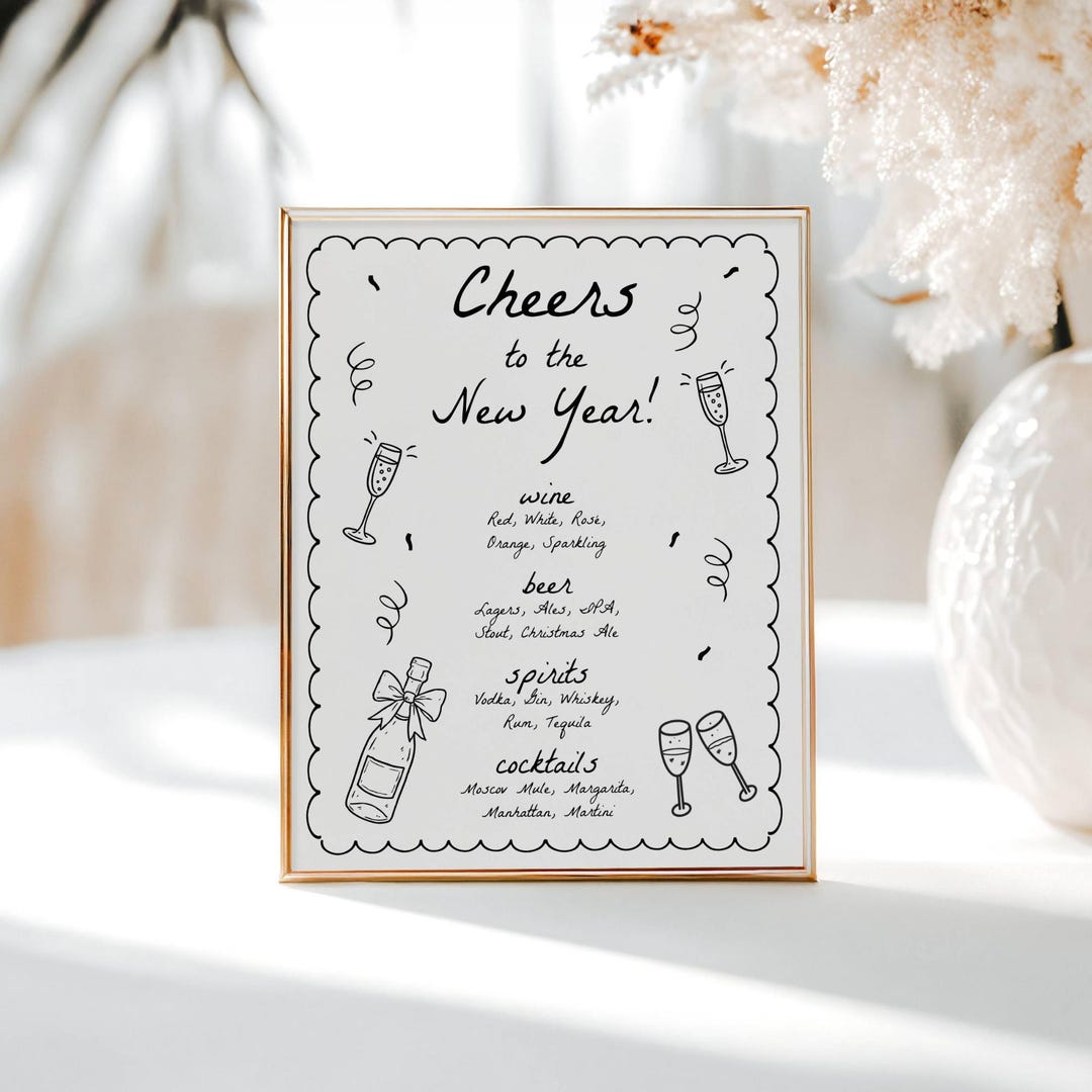 New Years Bar Menu Sign, NYE Party Drink Menu Template, Cocktail Menu ...