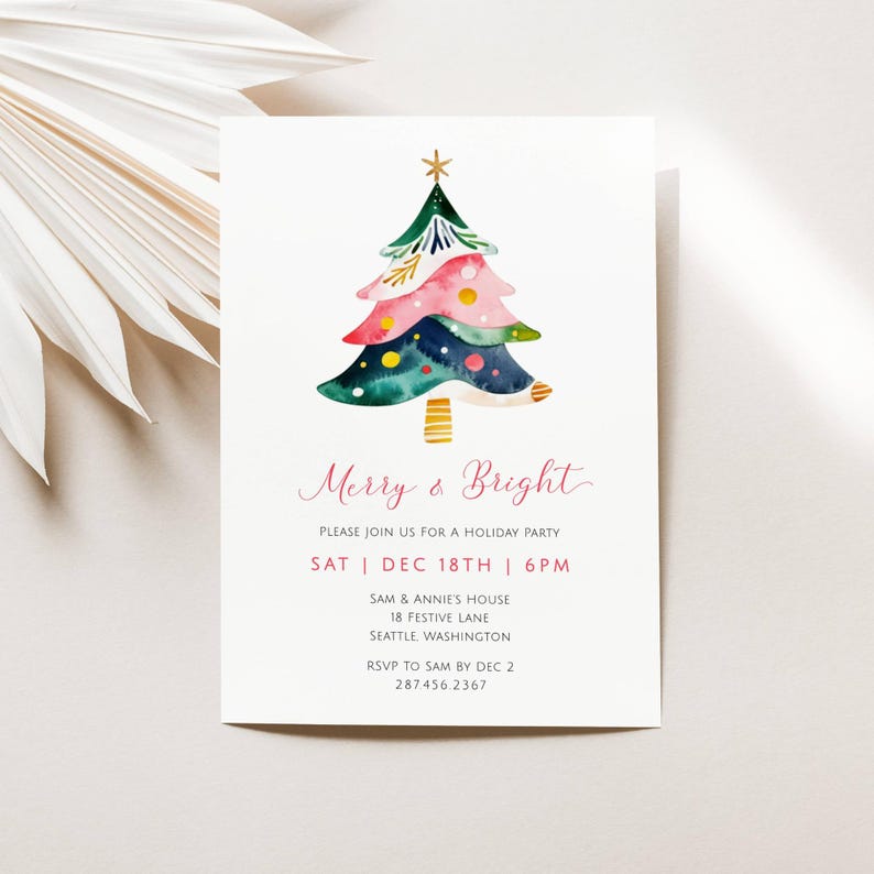 Pink Christmas Party, Merry and Bright Minimalist Invite Editable ...