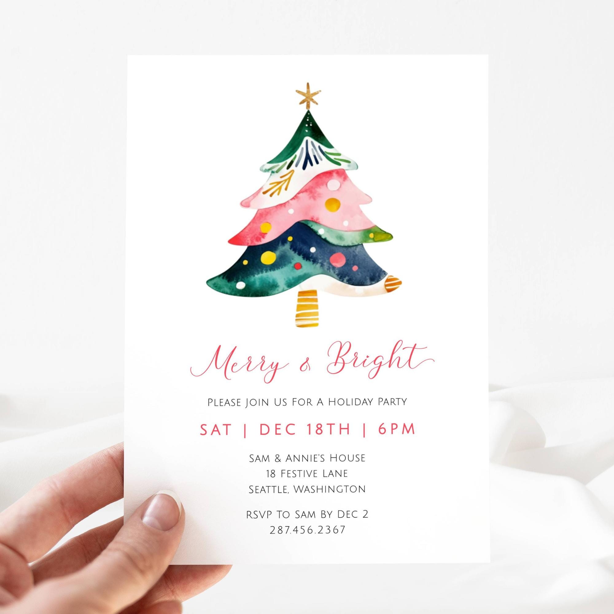 Pink Christmas Party, Merry and Bright Minimalist Invite Editable ...
