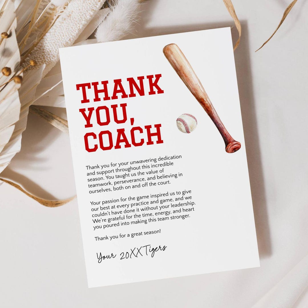 Baseball Coach Thank You Card Template, Editable Printable Coach ...