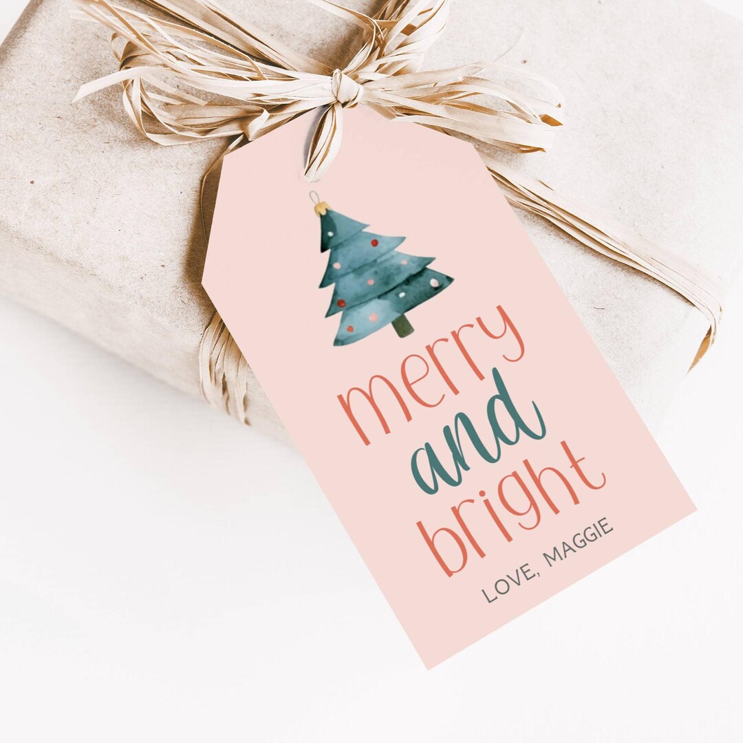 Merry and Bright Printable Gift Tag, Pink Christmas Gift Tags Printable ...