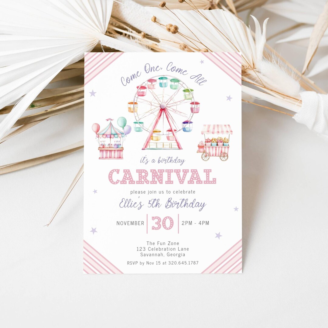 Pastel Carnival Invitation, Carnival Birthday Invite, Pink Birthday ...