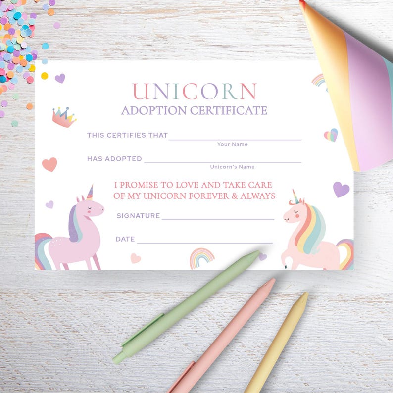 Unicorn Adoption Certificate: Printable Kids Activity, Rainbow Unicorn ...