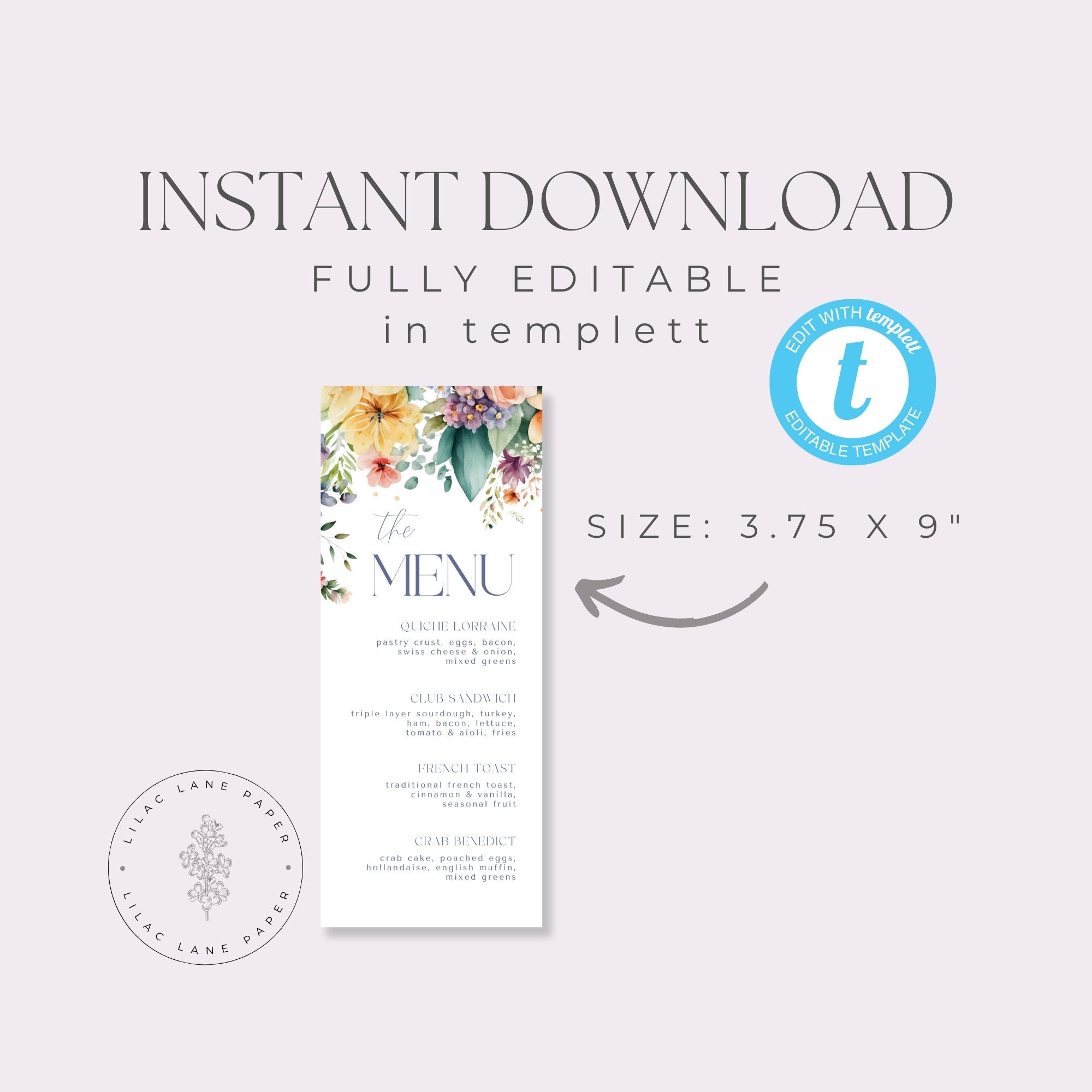 Floral Menu Card Template, Bridal Shower Menu Printable Editable, Baby ...