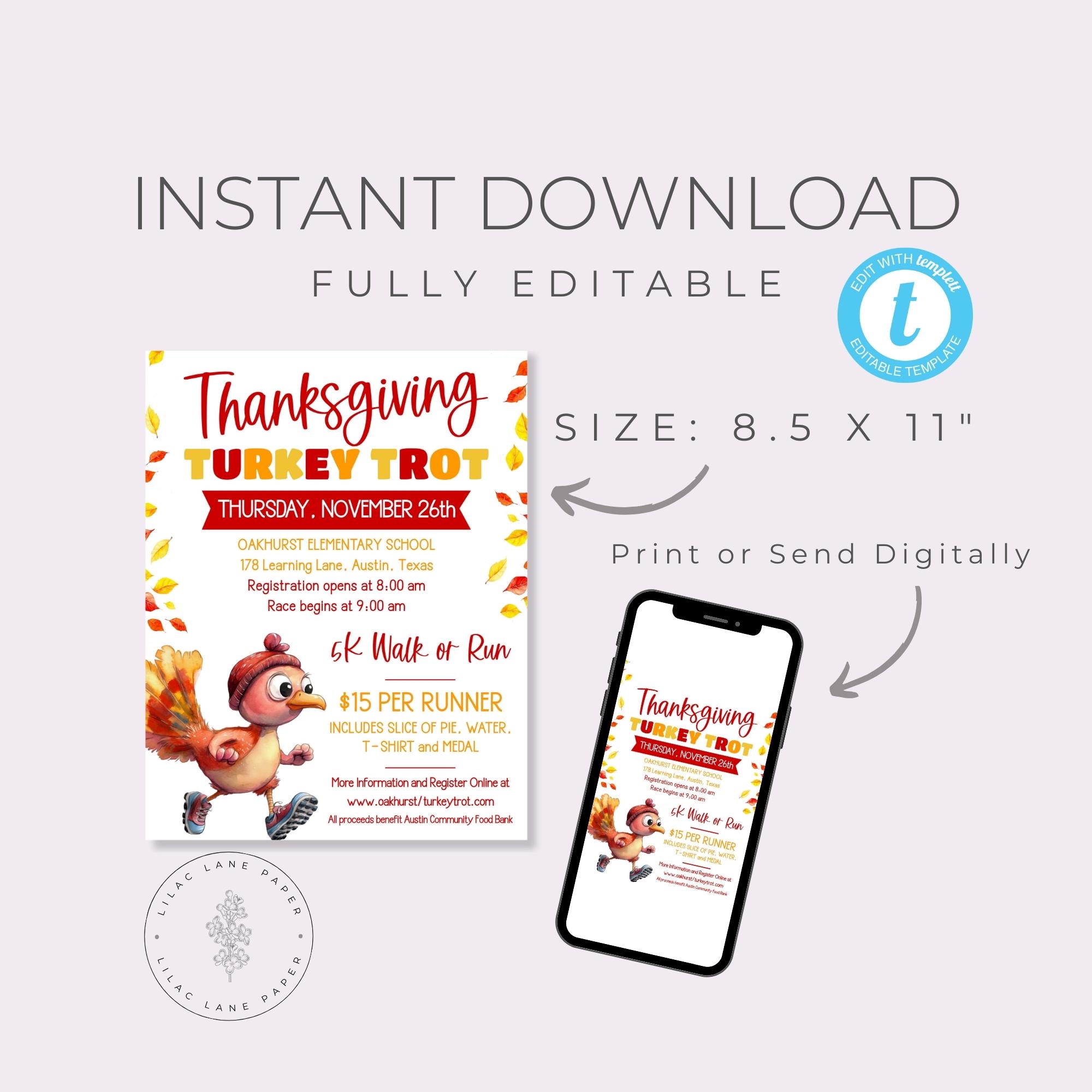 Turkey Trot Flyer, Thanksgiving Fun Run, Thanksgiving 5K Run Walk ...