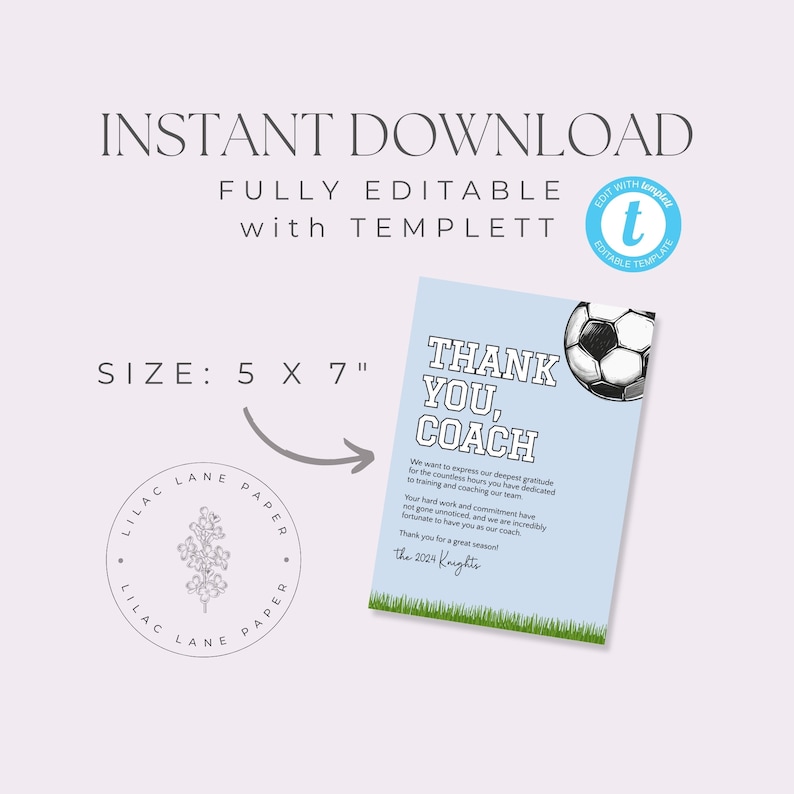 Soccer Coach Thank You Card Template, Editable Thank You Coach, Coach ...