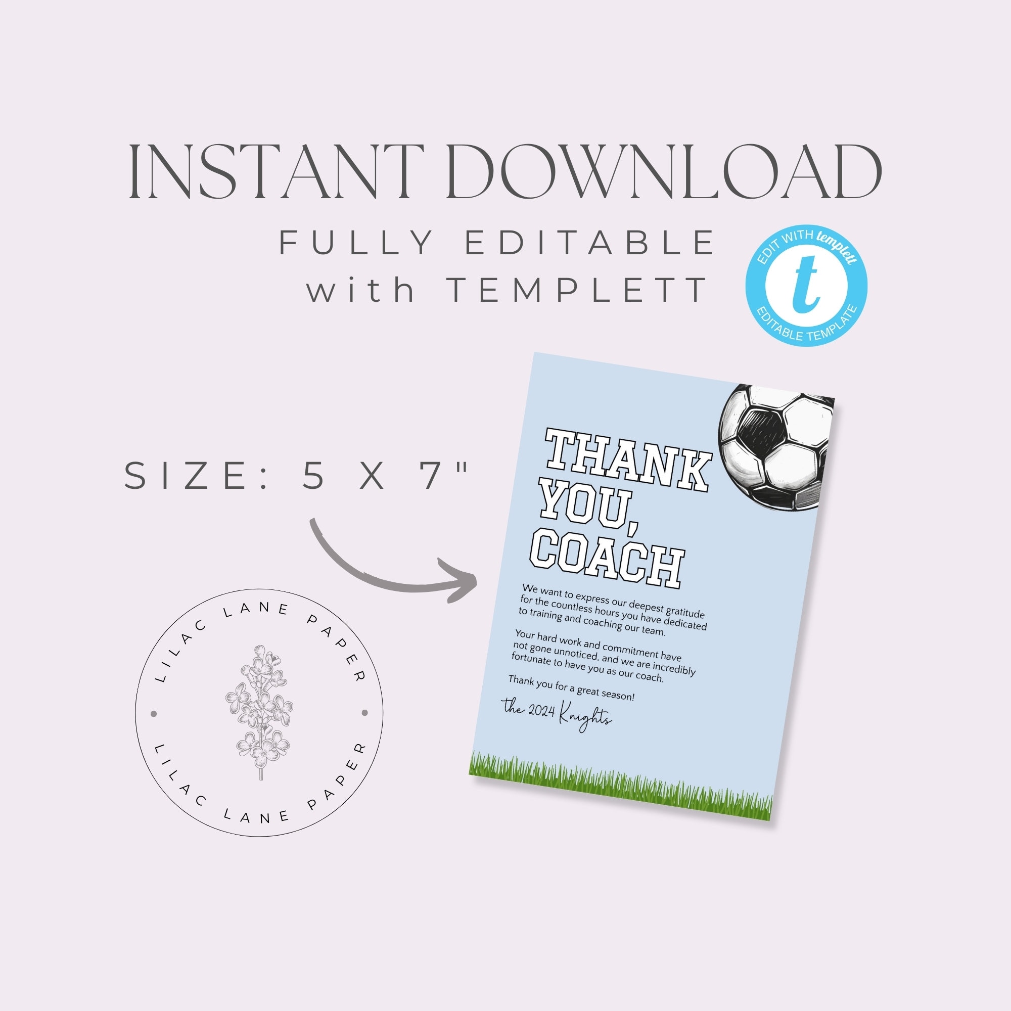 Soccer Coach Thank You Card Template, Editable Thank You Coach, Coach ...