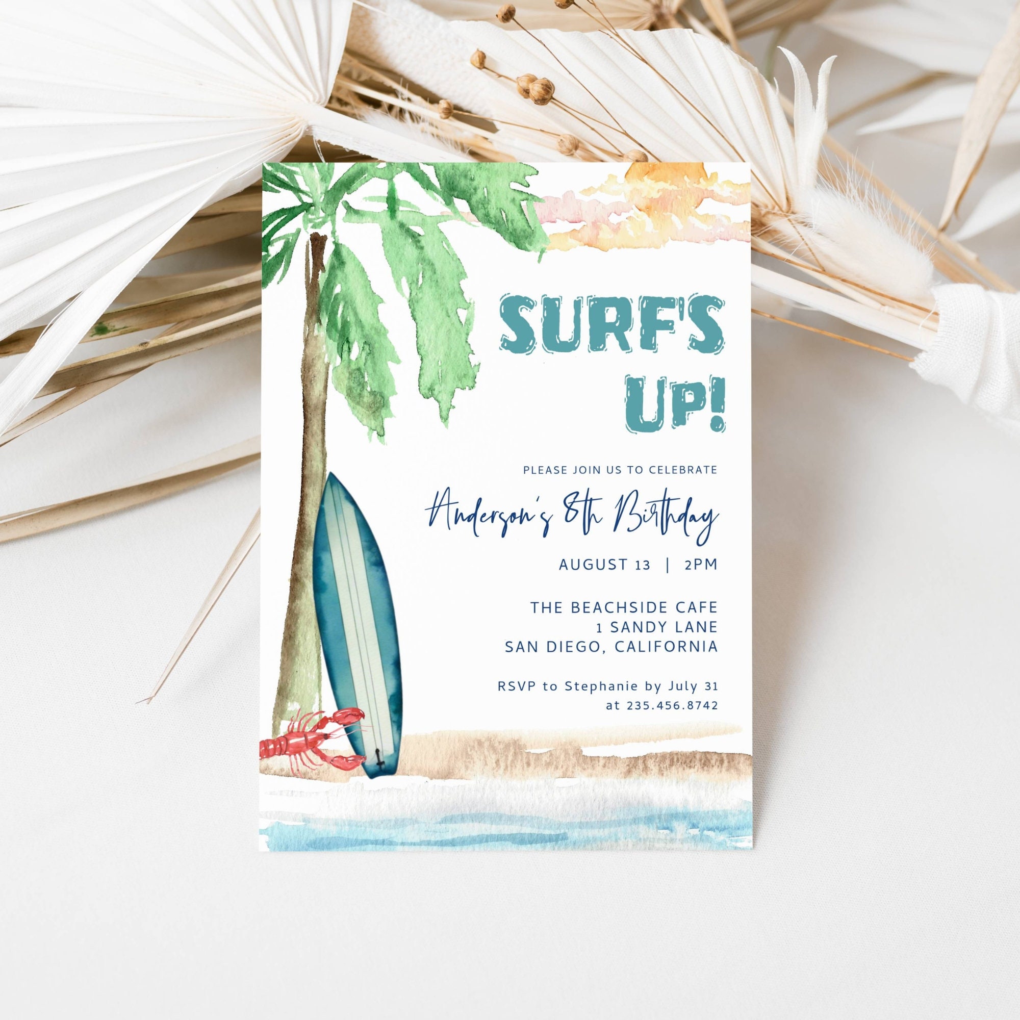 Surfing Theme Birthday Invitation Template, Surf's up Birthday Invite ...