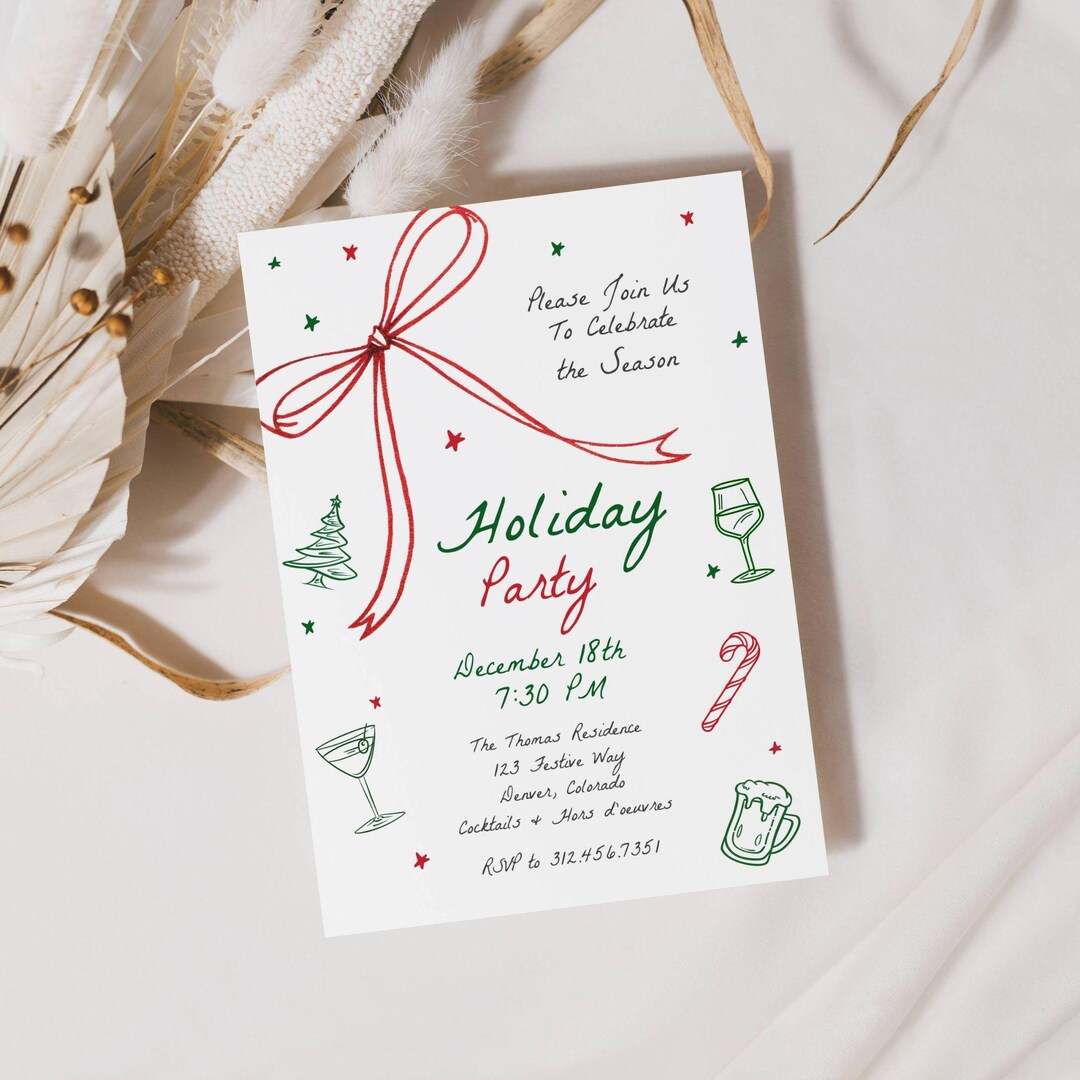 Holiday Party Invitation Doodle Style, Modern Christmas Party, Cocktail ...