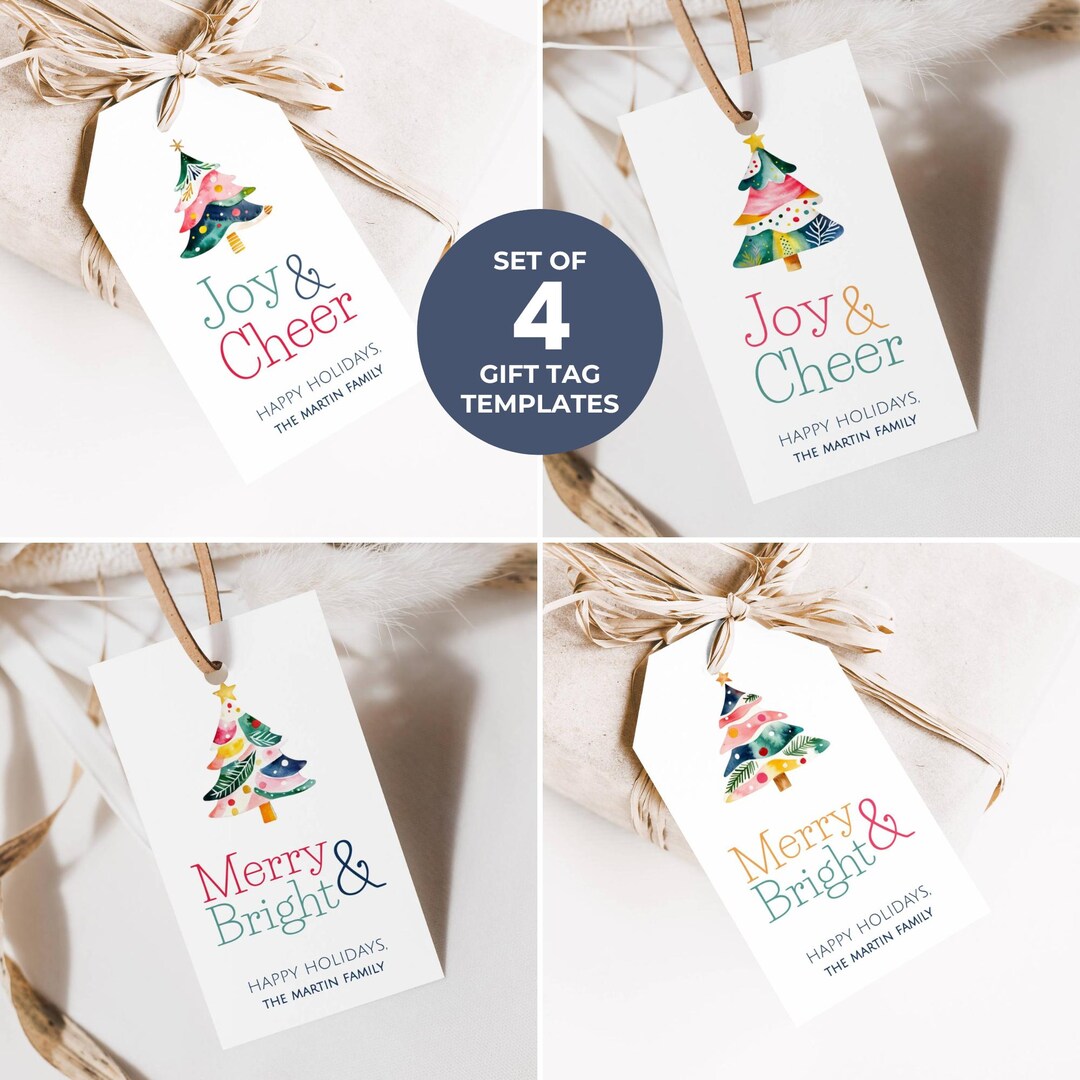 Printable Christmas Tree Gift Tag Set, Holiday Cheer Printable Gift Tag ...