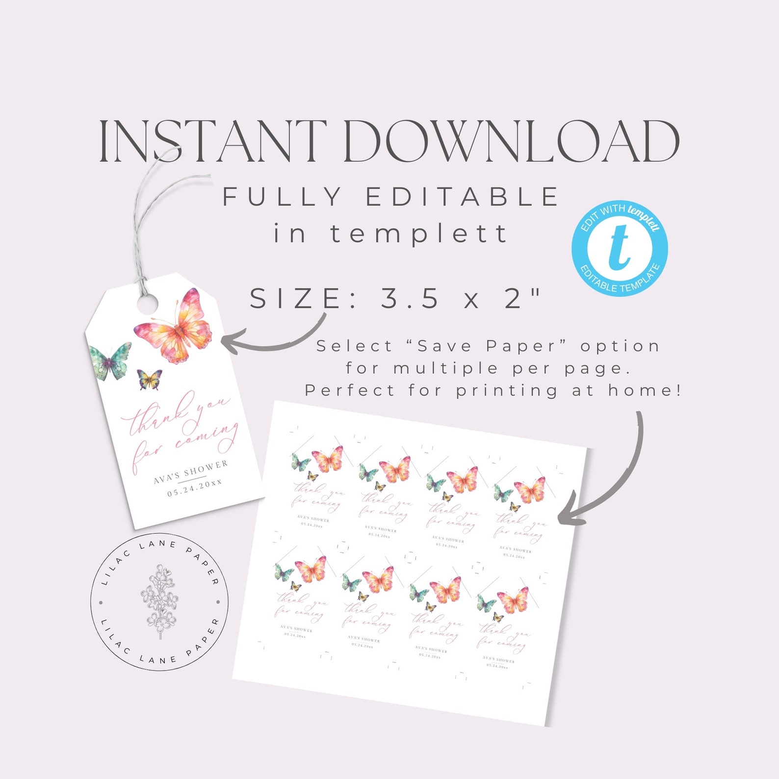 Butterfly Gift Tag Printable Editable, Lifetime of Butterflies Bridal ...