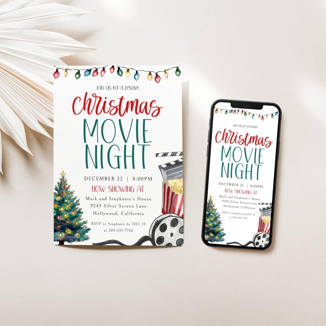 Christmas Movie Party Invitation Template Editable, Xmas Holiday Movie ...