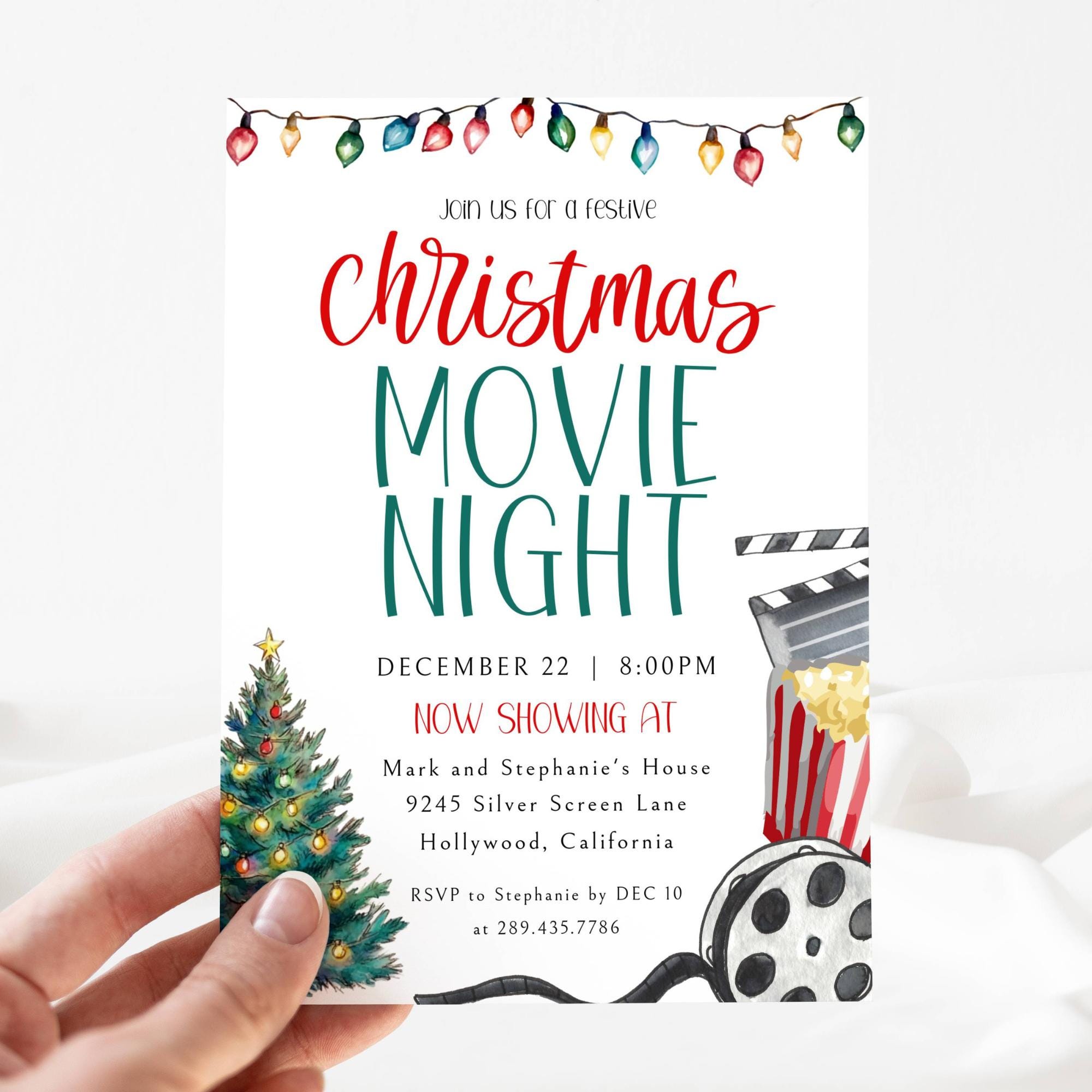Christmas Movie Party Invitation Template Editable, Xmas Holiday Movie ...