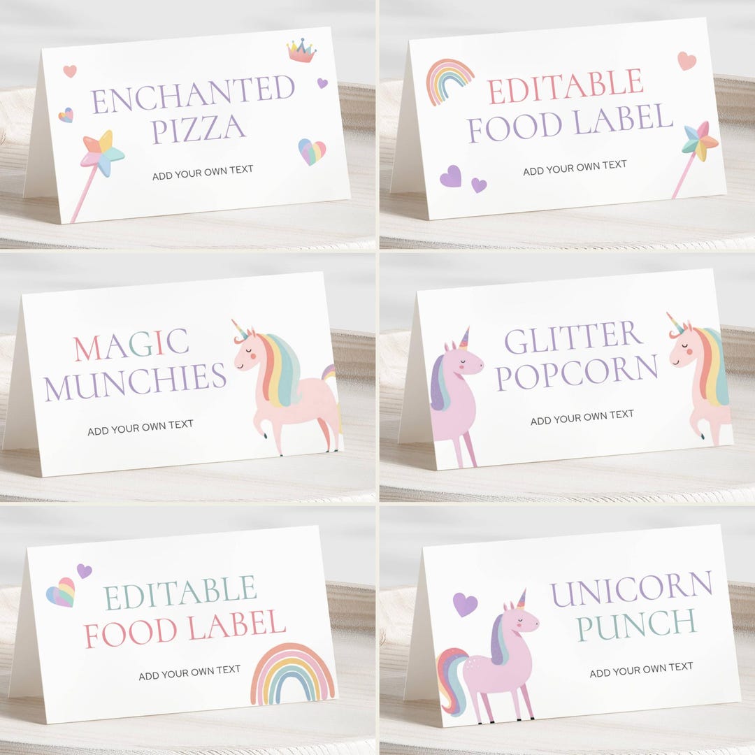 Unicorn Food Labels: Editable Pastel Rainbow Party Tent Cards, Magical ...