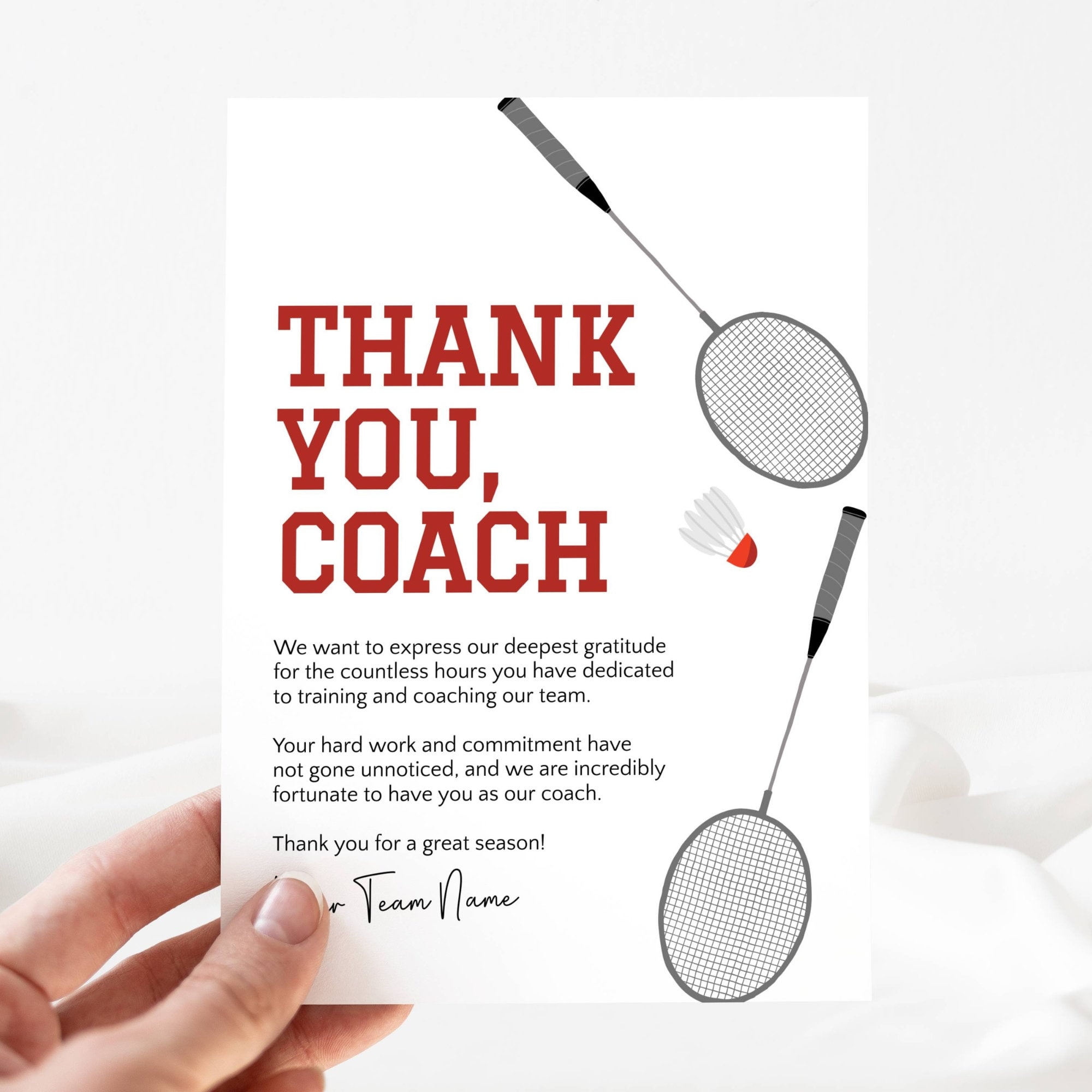 Badminton Coach Thank You Card Template, Editable Thank You Coach ...