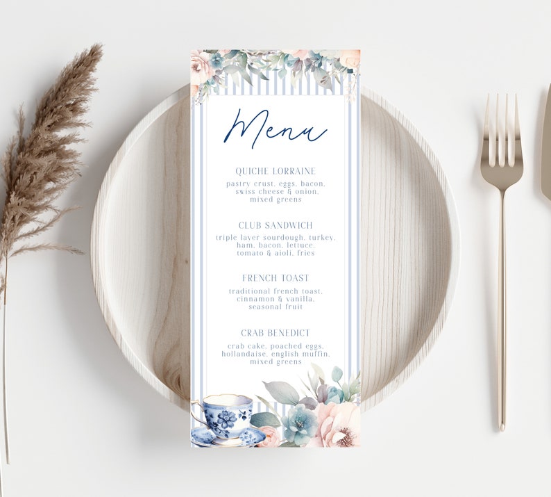 Tea Party Menu Template, Printable Menu Card, Bridal Shower Menu ...