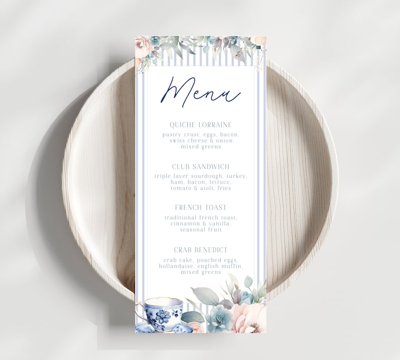 Tea Party Menu Template, Printable Menu Card, Bridal Shower Menu ...