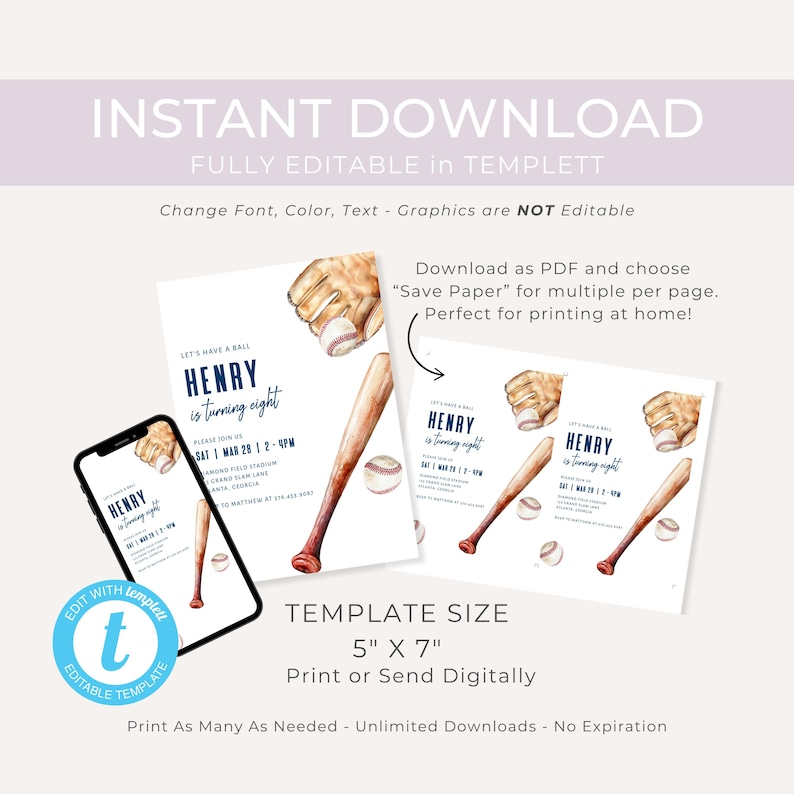 Baseball Birthday Invitation Template, Editable Baseball Party Invite ...