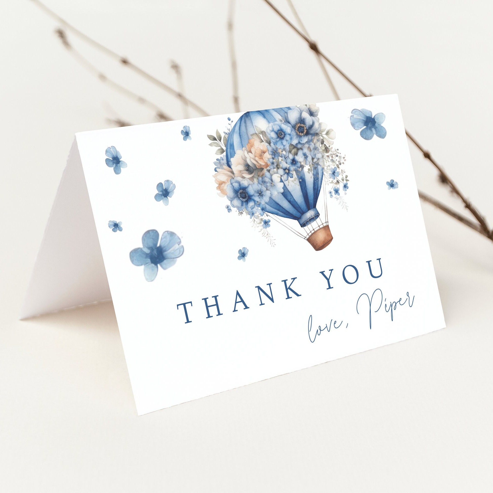 Hot Air Balloon Thank You Card Template, Blue Baby Shower Thank You ...