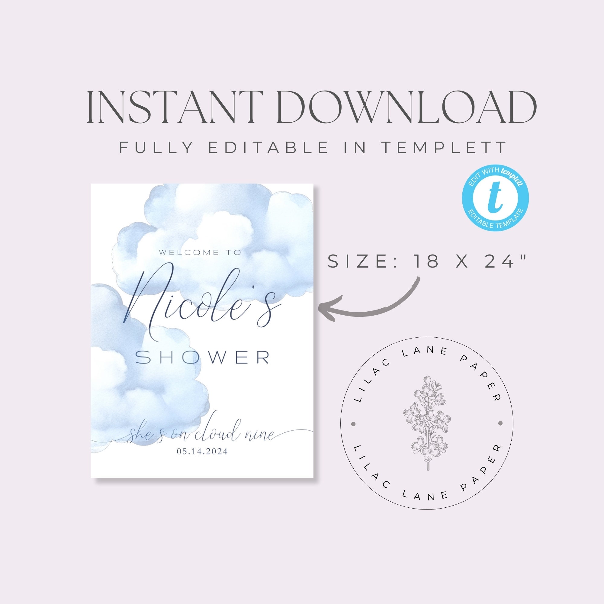 Cloud Nine Welcome Sign Template Editable, Shes on Coud 9 Bridal Shower ...