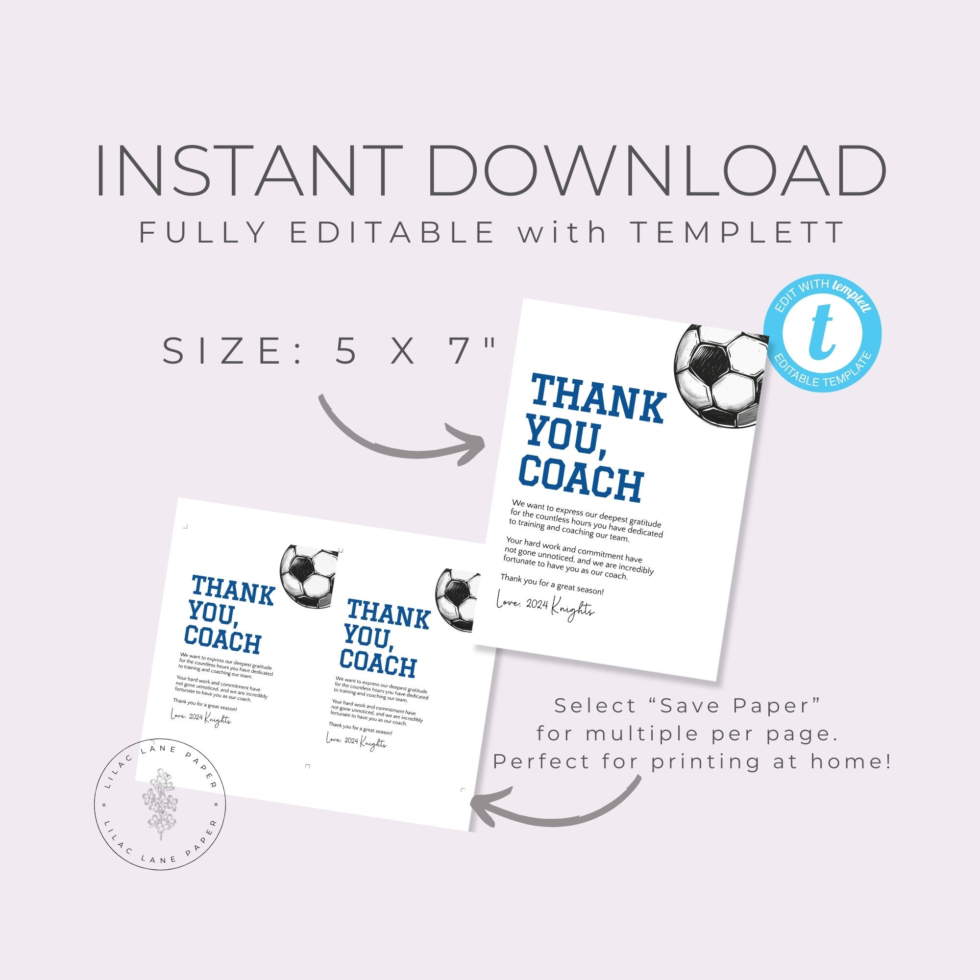 Soccer Coach Thank You Card Printable, Thank You Card for Soccer Coach ...