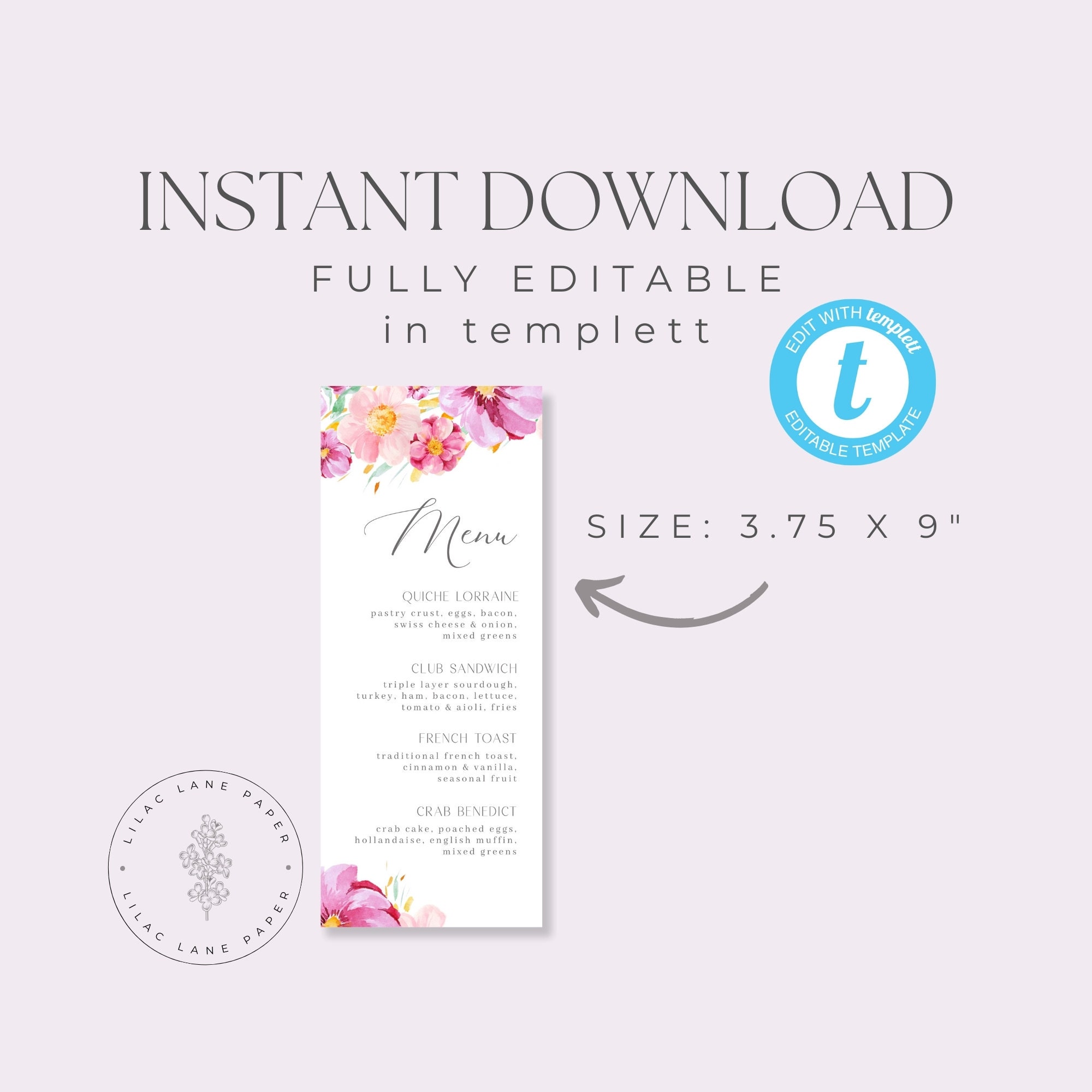 Menu Card Template, Bridal Shower Menu Floral, Brunch Menu Printable, Wedding Menu Editable ...
