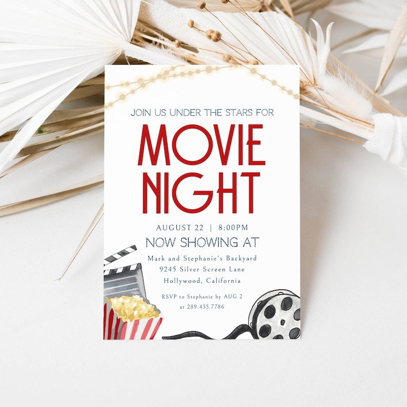 Movie Party Invitation Template, Backyard Movie Night, Movie Night ...