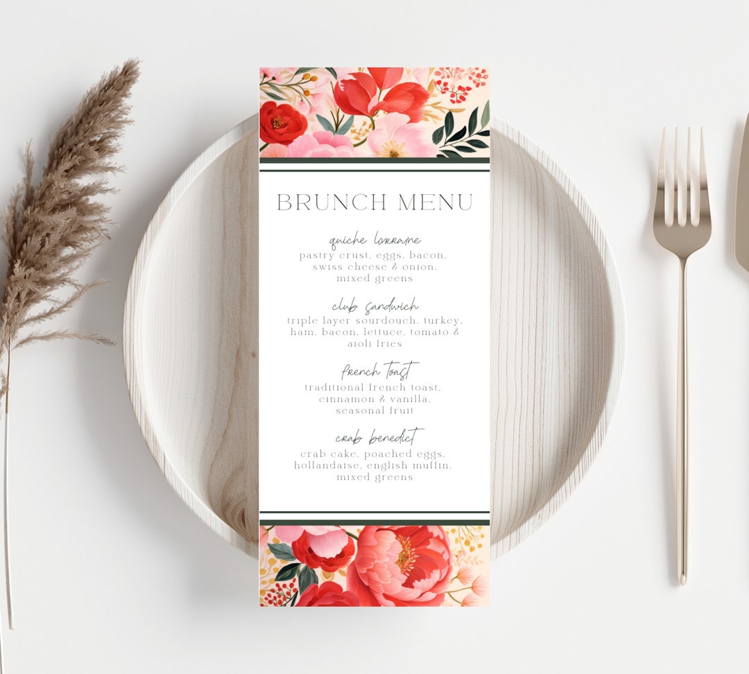 Bright Floral Menu Card Template, Printable Menu, Bridal Shower Menu ...