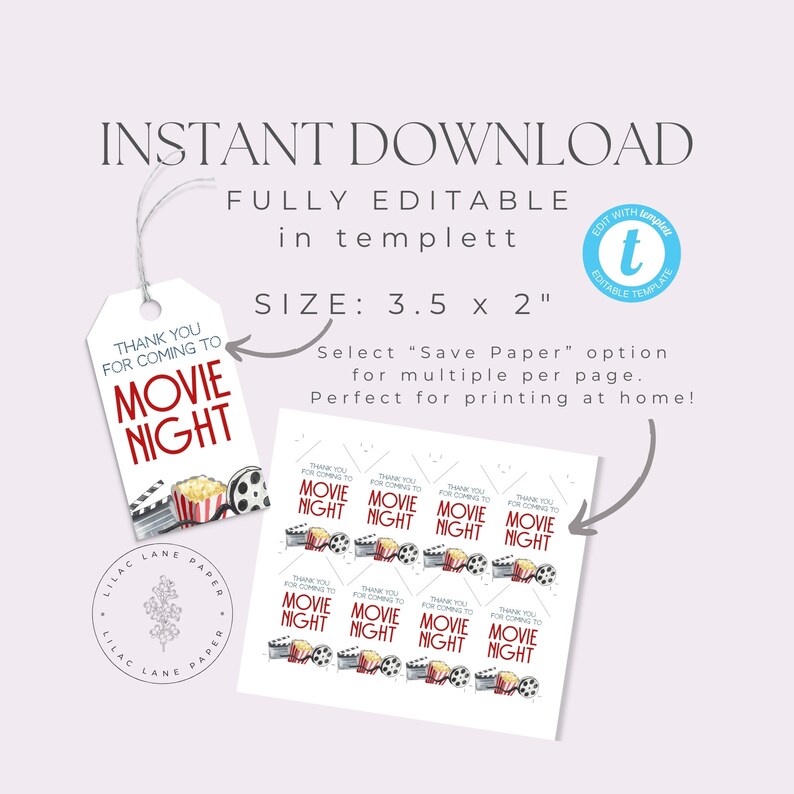 Movie Night Gift Tags Editable, Movie Party Favor Tag, Thank You Tag ...