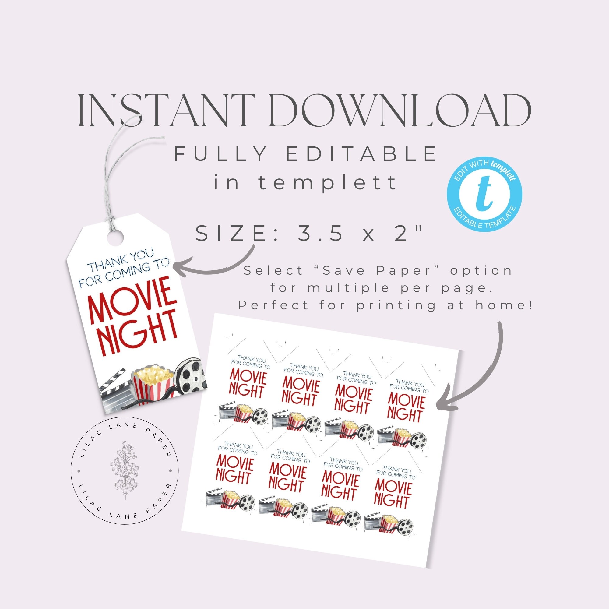Movie Night Gift Tags Editable, Movie Party Favor Tag, Thank You Tag ...
