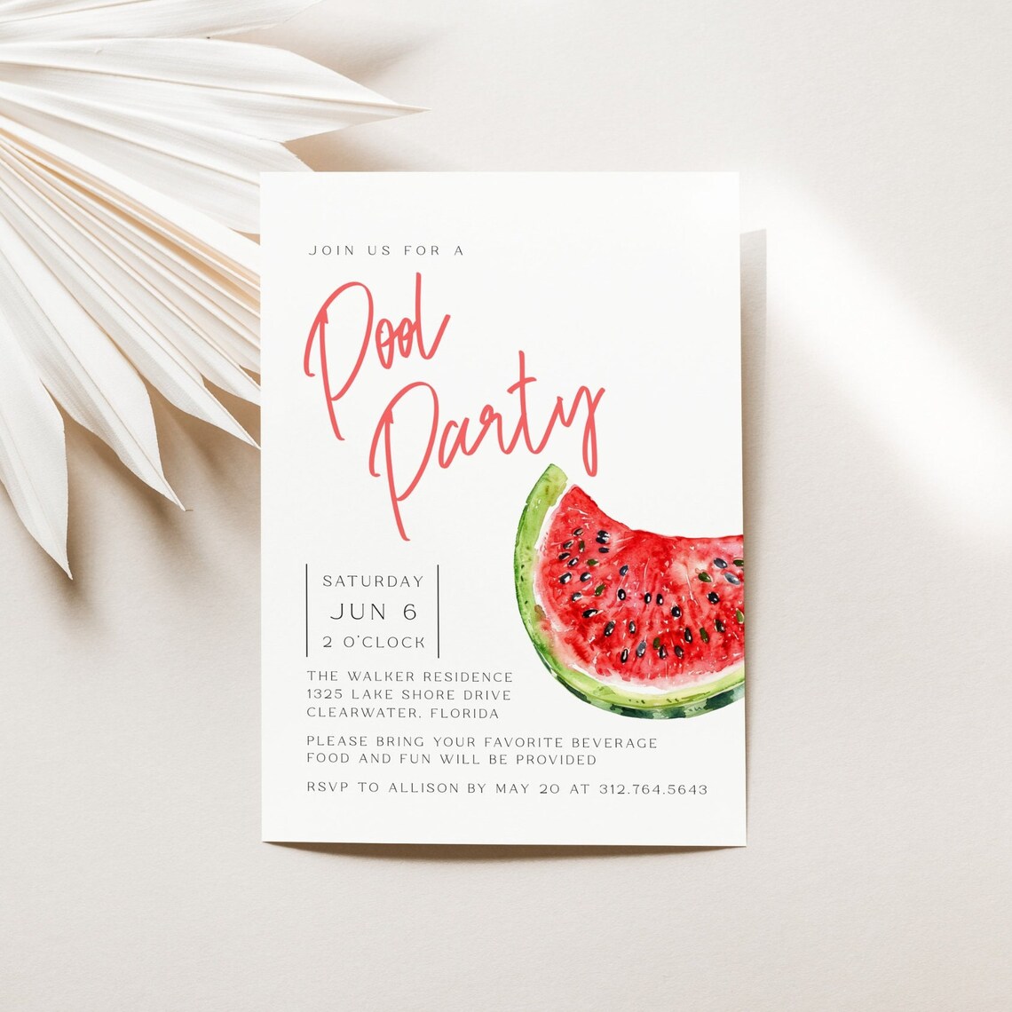 Watermelon Pool Party Invitation Template, Swim Party Invite Editable ...