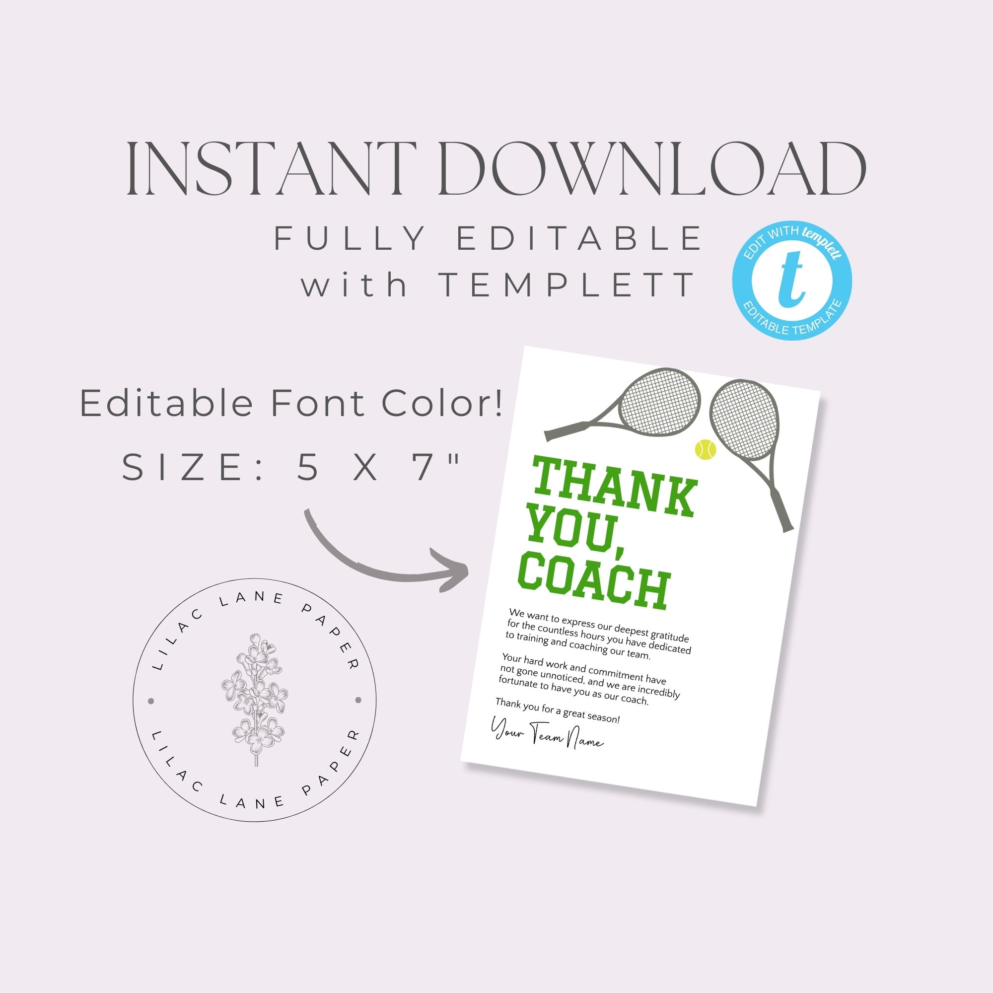 Tennis Coach Thank You Card Template, Editable Thank You Coach, Coach ...