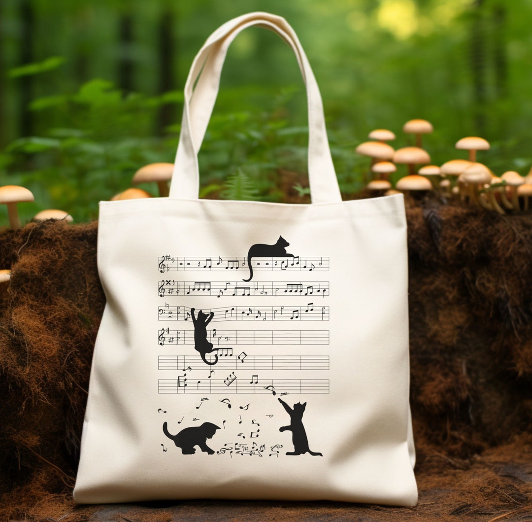 Funny Black Cats Music Notes Canvas Tote Bag, Gift for Music Lover, Cat ...