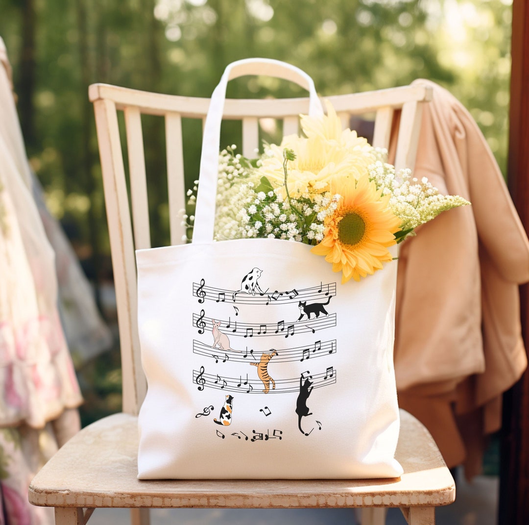 Funny Cats Music Notes Canvas Tote Bag, Gift for Music Lover, Cat Lover ...