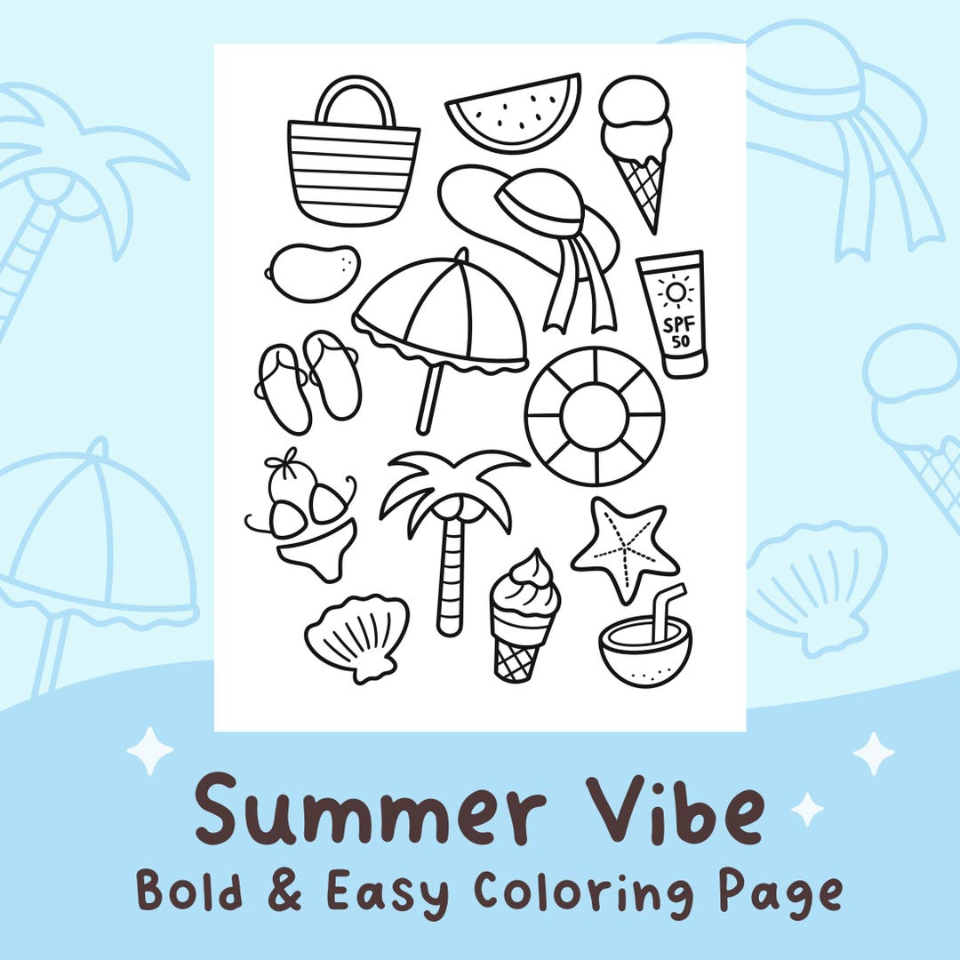Summer Vibe Coloring Page Printable Bold and Easy Cozy Coloring Collage ...