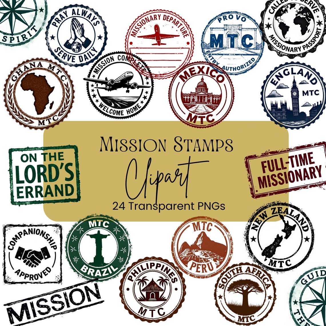Missionary Stamp Clipart Bundle | 24 PNG Travel Stamps | LDS Mission ...