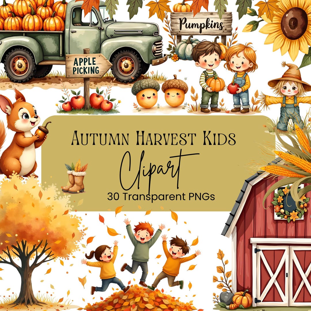 Autumn Harvest for Kids Clipart Bundle | 30 Watercolor Fall Harvest ...