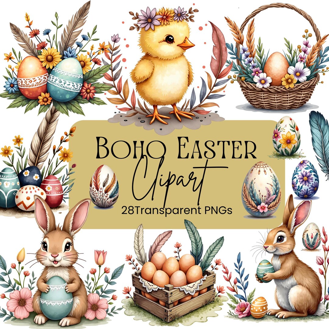 Boho Easter Watercolor Clip Art, Easter Eggs, Bunnies, Chicks, Baskets ...