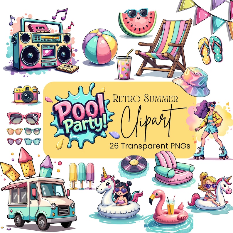 Retro Summer Clipart Bundle | Pool Party | 90s Y2K Aesthetic | 26 Pngs ...