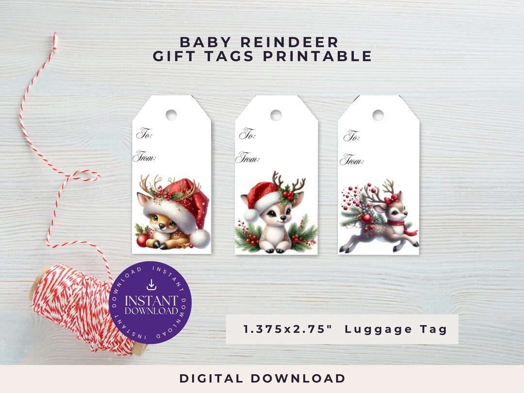 Cute Baby Reindeer Gift Tags Printable for Christmas, 1.375x2.75, 13 ...