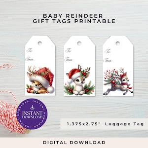 Cute Baby Reindeer Gift Tags Printable for Christmas, 1.375x2.75, 13 ...