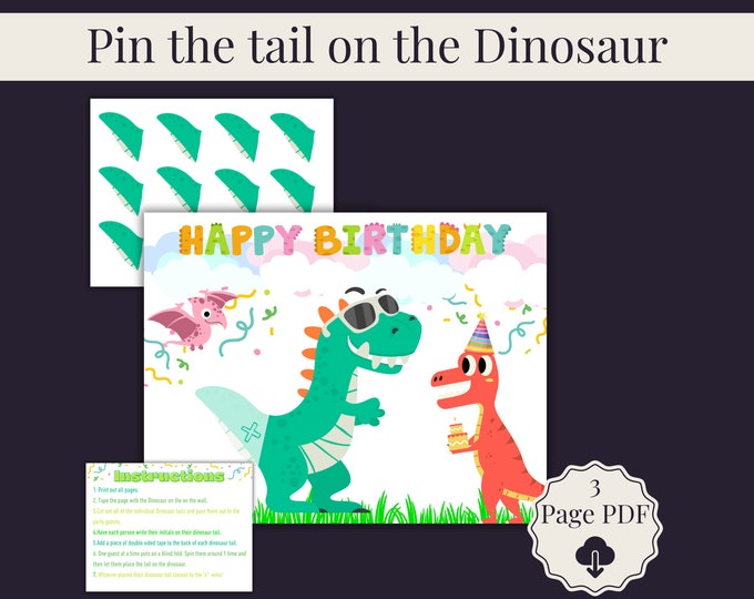 Pin the Tail on the Dinosaur, Printable Kids Game, Digital Download ...
