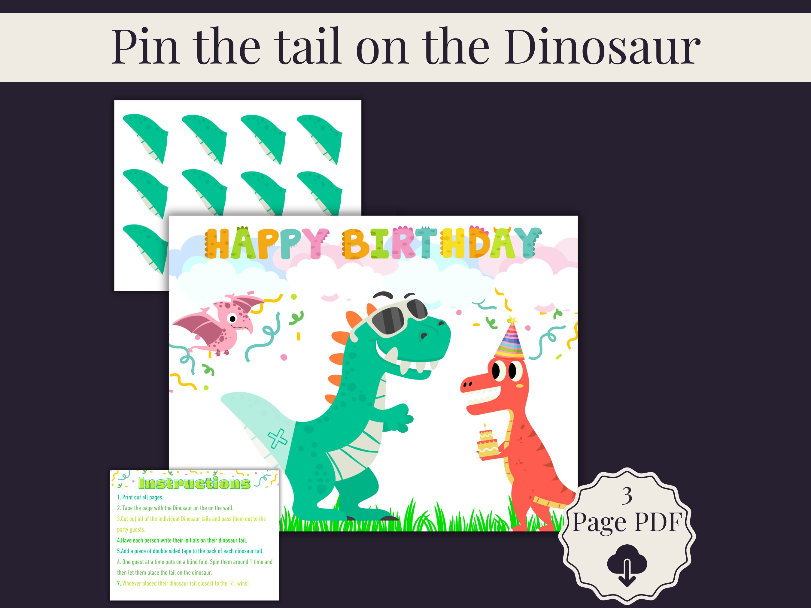 Pin the Tail on the Dinosaur Dino Party Game Instant Download Birthday ...