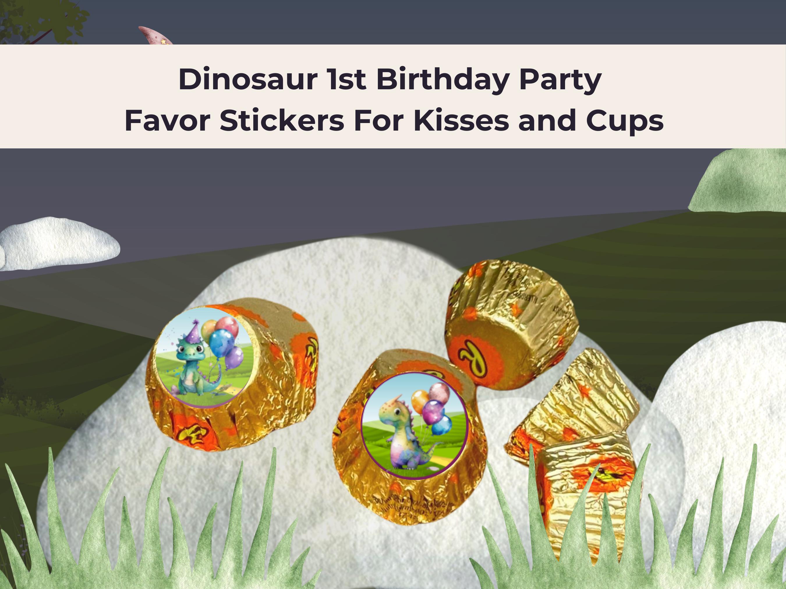 Dinosaur 1st Birthday Stickers for Birthday Party Favors - Editable ...