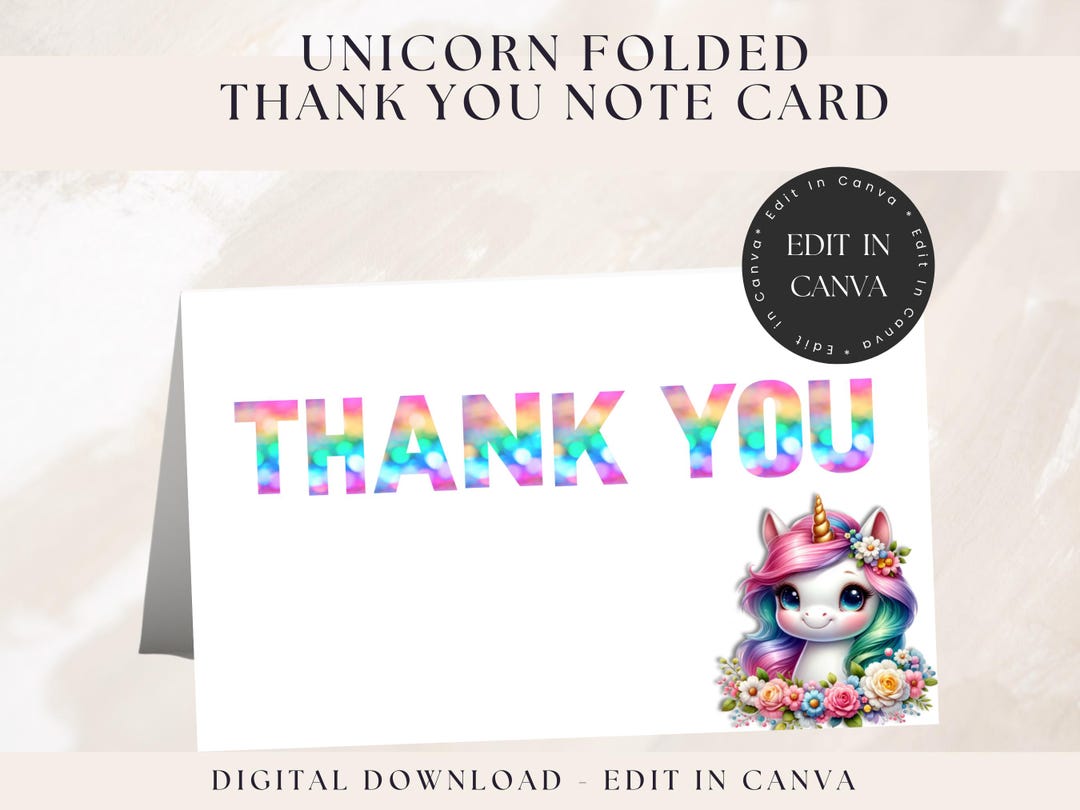 Unicorn Thank You Note Card Rainbow Unicorn Folded Stationery Cute ...